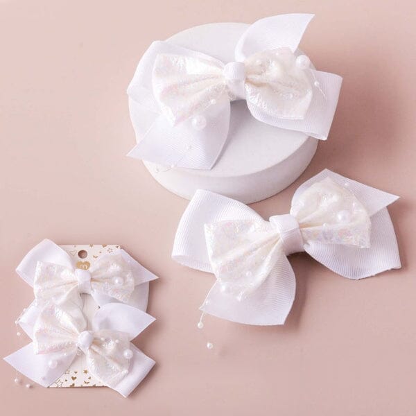 White Hair Bow With Pearl String 2PC Set 2497W (12 units ...